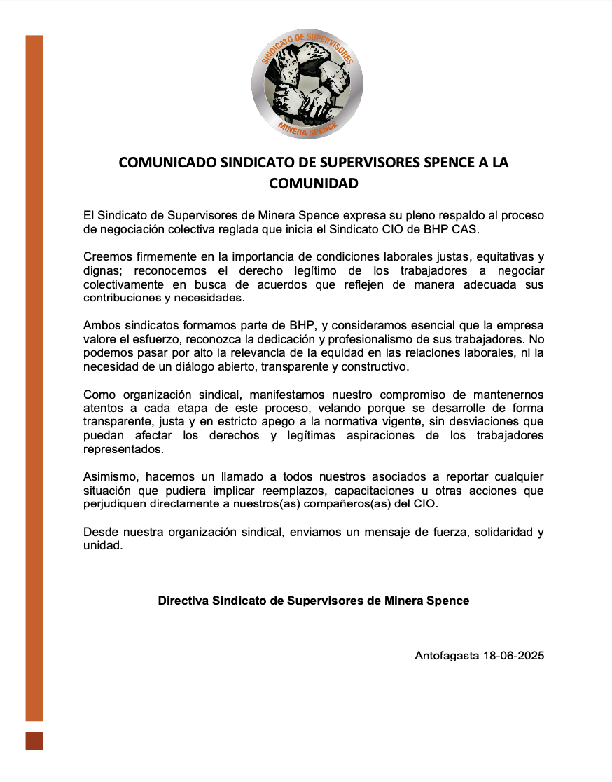 Sindicato de Supervisores de Minera Spence respalda proceso de ...
